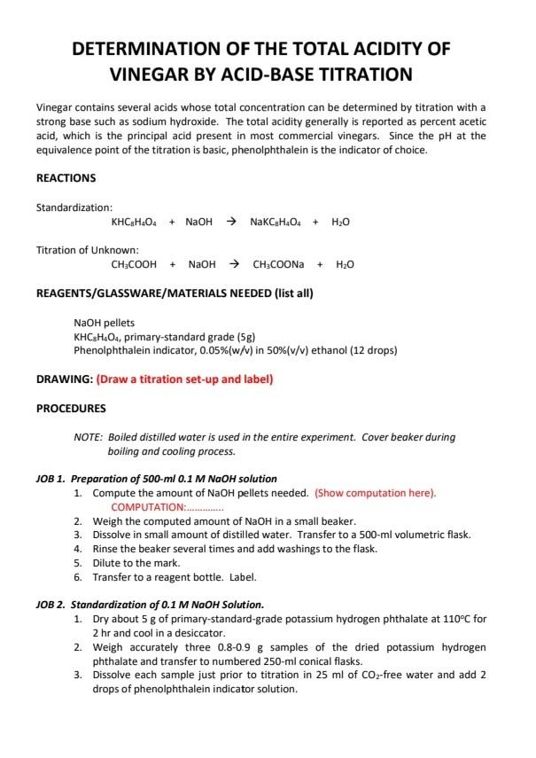Solved DETERMINATION OF THE TOTAL ACIDITY OF VINEGAR BY | Chegg.com