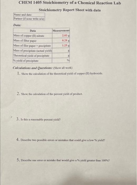 CHEM 1405 Stoichiometry of a Chemical Reaction Lab | Chegg.com