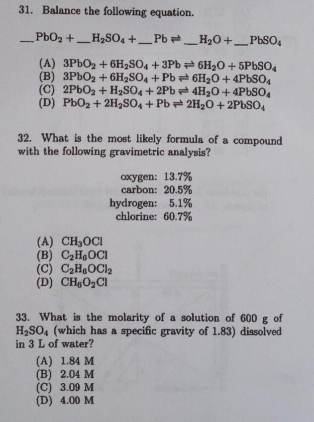 Solved 31. Balance the following equation. PbO2 + _H2SO4 +_ | Chegg.com