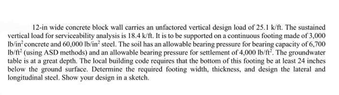 Solved 12-in wide concrete block wall carries an unfactored | Chegg.com