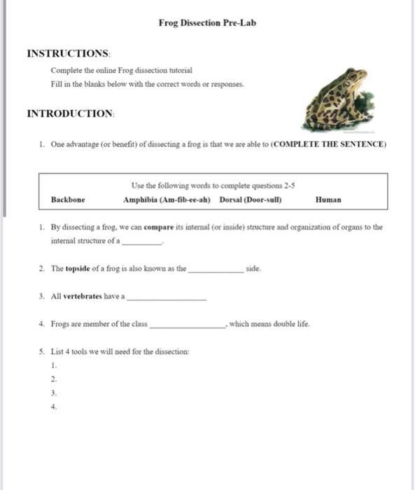 Solved Frog Dissection Pre-Lab Complete the online Frog | Chegg.com