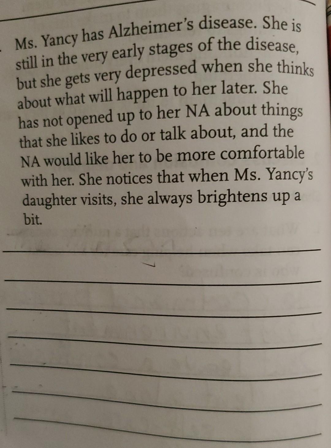 Solved Ms. Yancy has Alzheimer's disease. She is still in | Chegg.com