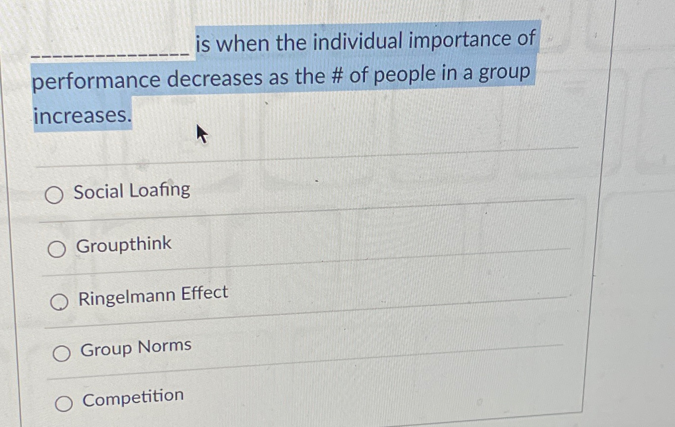 Solved is when the individual importance of performance | Chegg.com