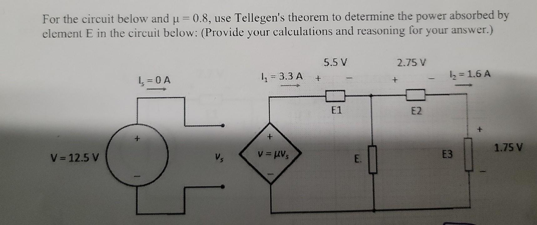Solved For the circuit below and u=0.8, use Tellegen's | Chegg.com