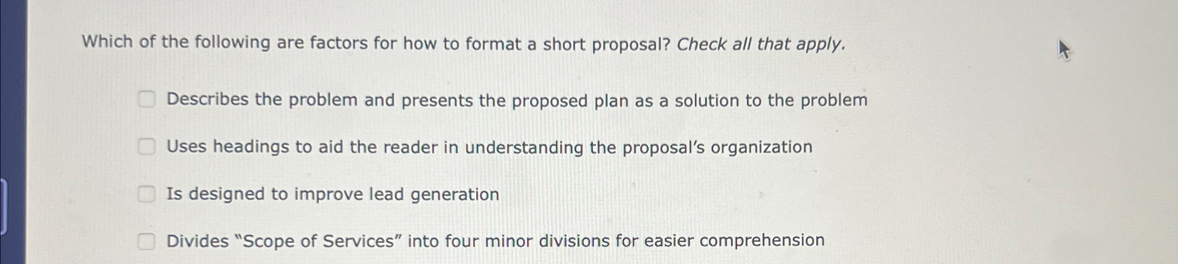 Solved Which of the following are factors for how to format | Chegg.com