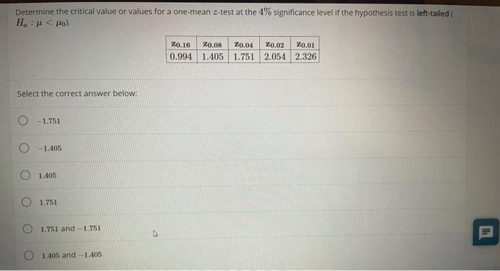 Solved Determine The Critical Value Or Values For A One Mean
