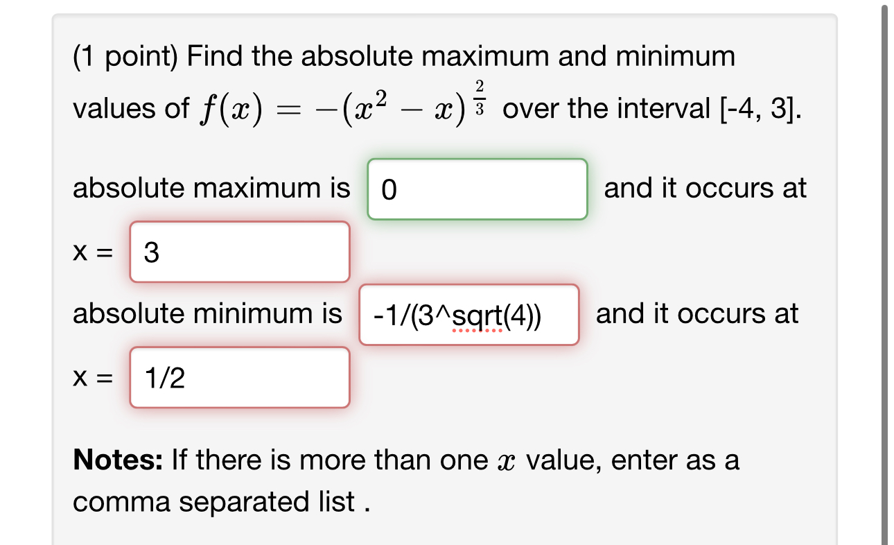 Solved (1 ﻿point) ﻿Find the absolute maximum and minimum | Chegg.com