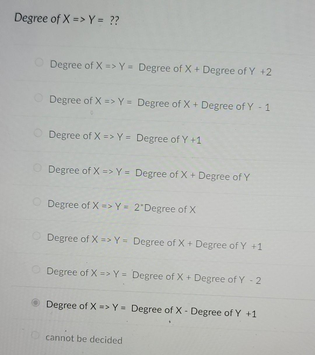 Solved Degree of X => Y = ?? Degree of X => Y = Degree of X | Chegg.com