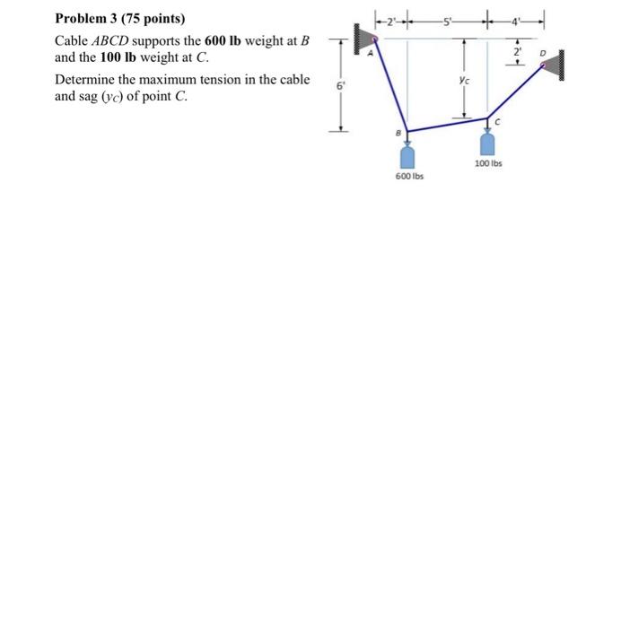 Solved Problem 3 (75 points) Cable ABCD supports the 600lb | Chegg.com Solved Problem 3 (75 points) Cable ABCD supports the 600lb | Chegg.com
