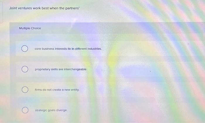 Solved Joint ventures work best when the partners' Multiple | Chegg.com