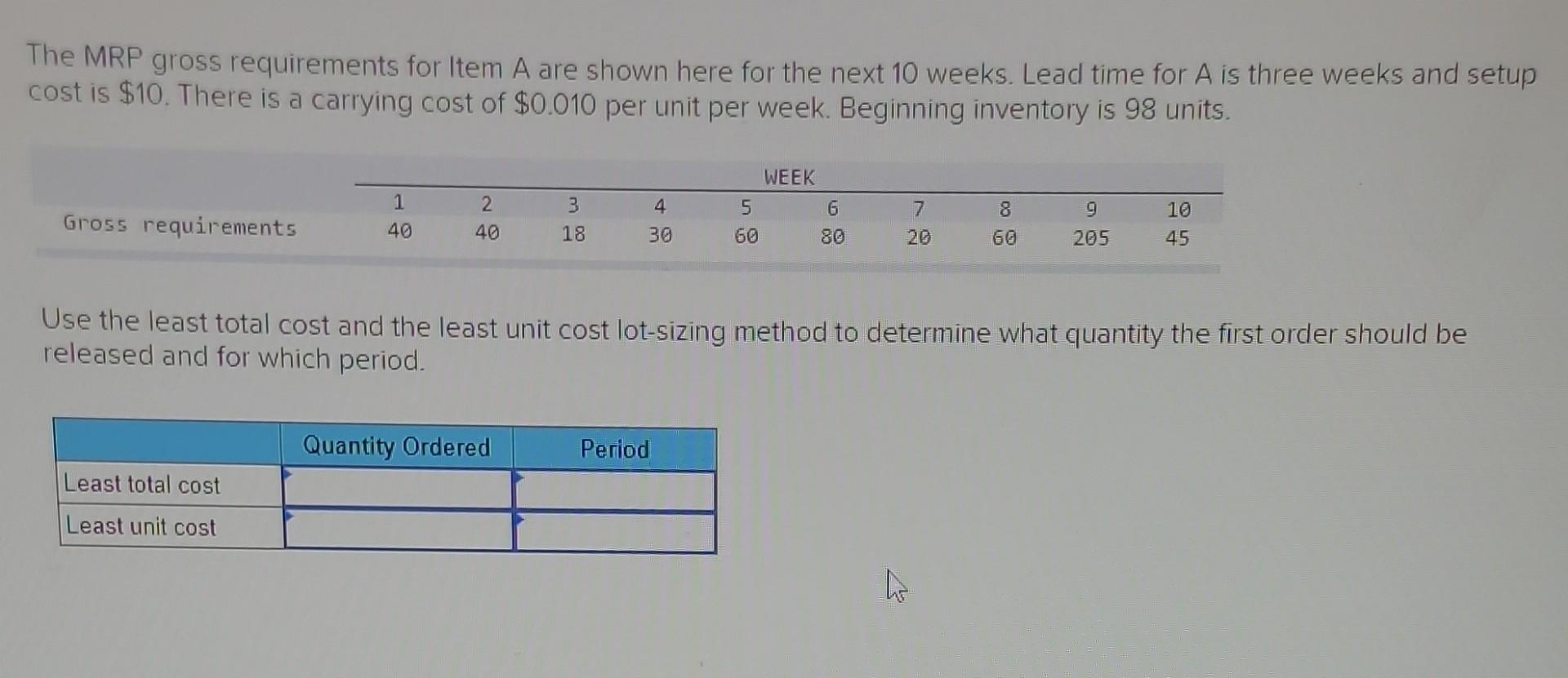 Solved The MRP gross requirements for Item A are shown here | Chegg.com