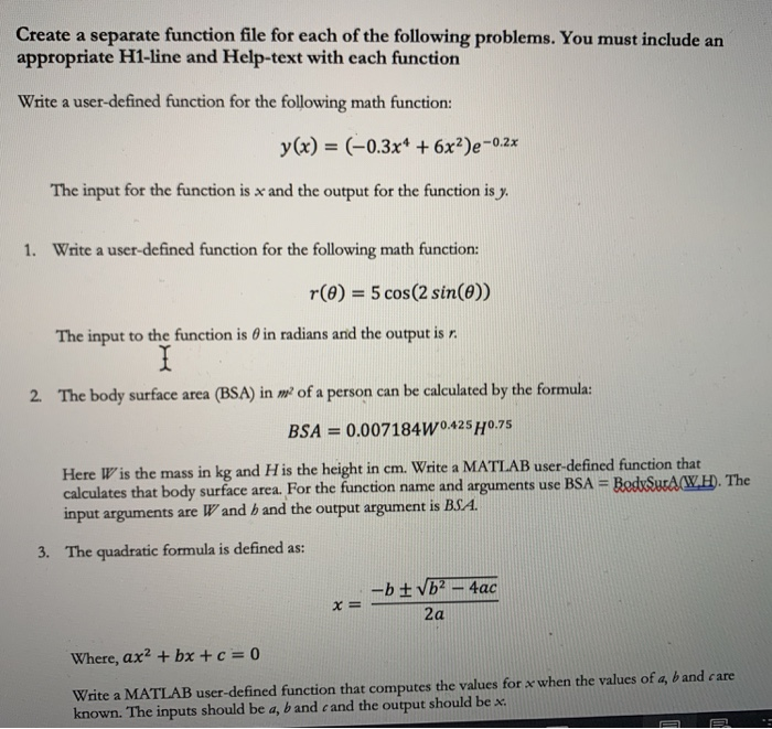 Solved Create a separate function file for each of the | Chegg.com
