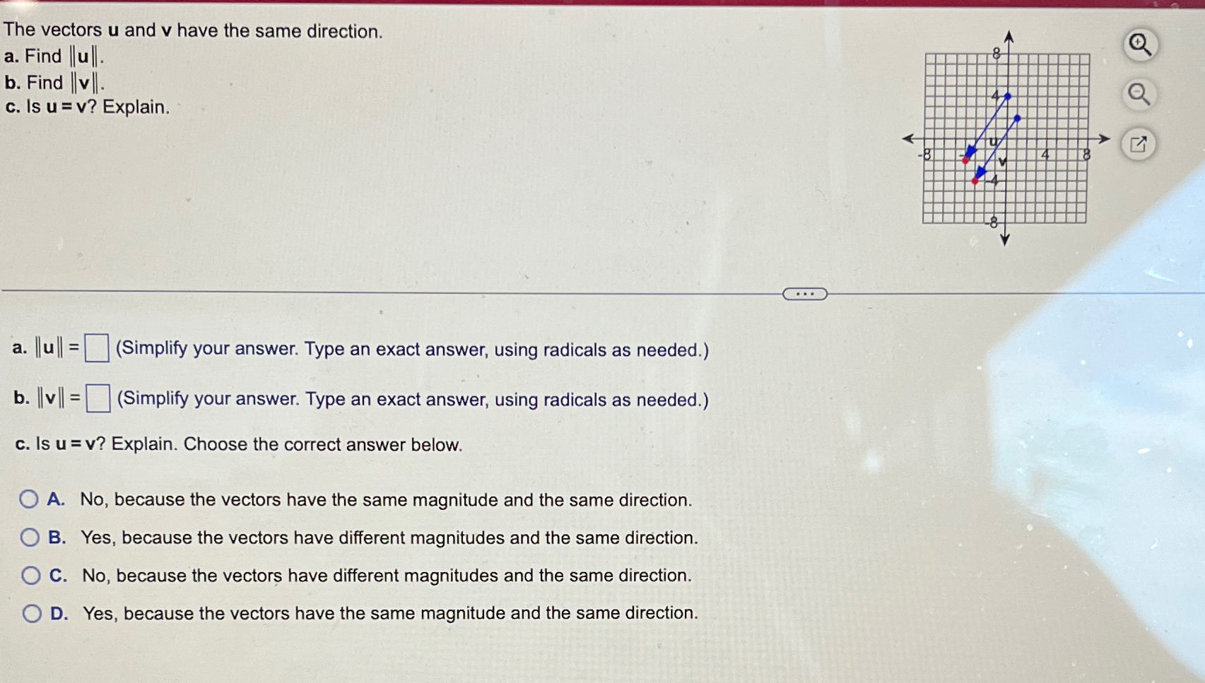 Solved The vectors u ﻿and v ﻿have the same direction.a. | Chegg.com