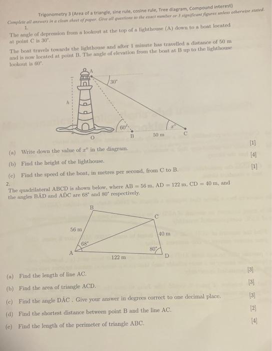 Solved Trigonometry 3 (Area of a triangle, sine rule, cosine | Chegg.com
