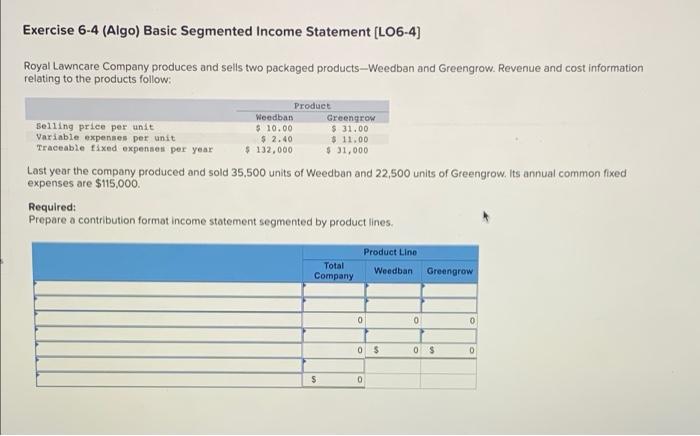 Solved Exercise 6-4 (Algo) Basic Segmented Income Statement | Chegg.com