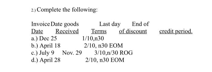Solved 2.) Complete the following: | Chegg.com