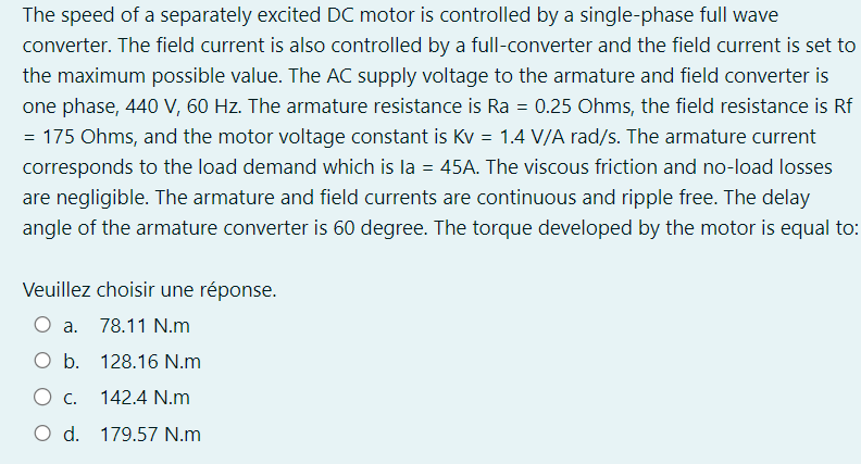 The speed of a separately excited DC motor is | Chegg.com