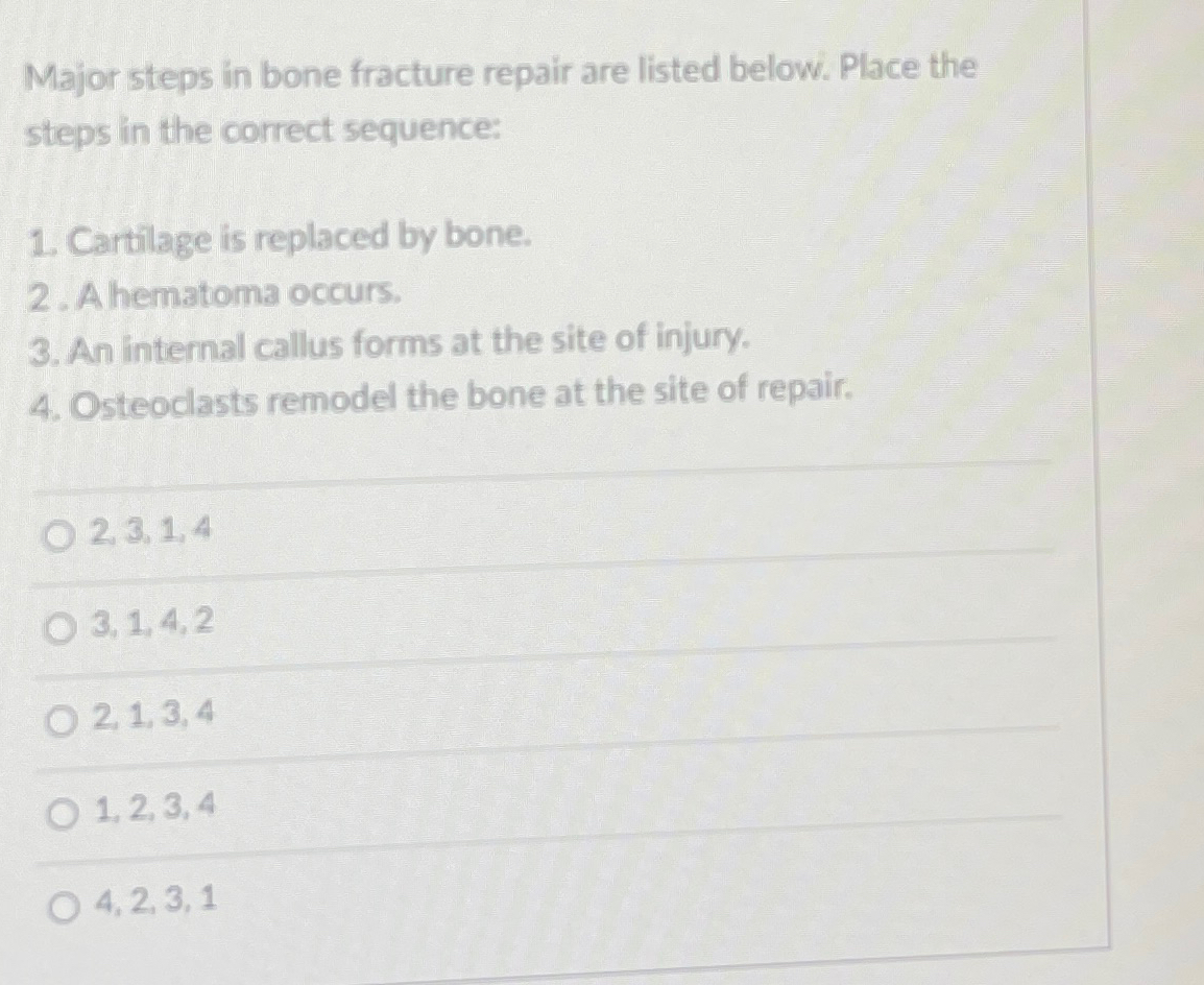 Solved Major steps in bone fracture repair are listed below. | Chegg.com