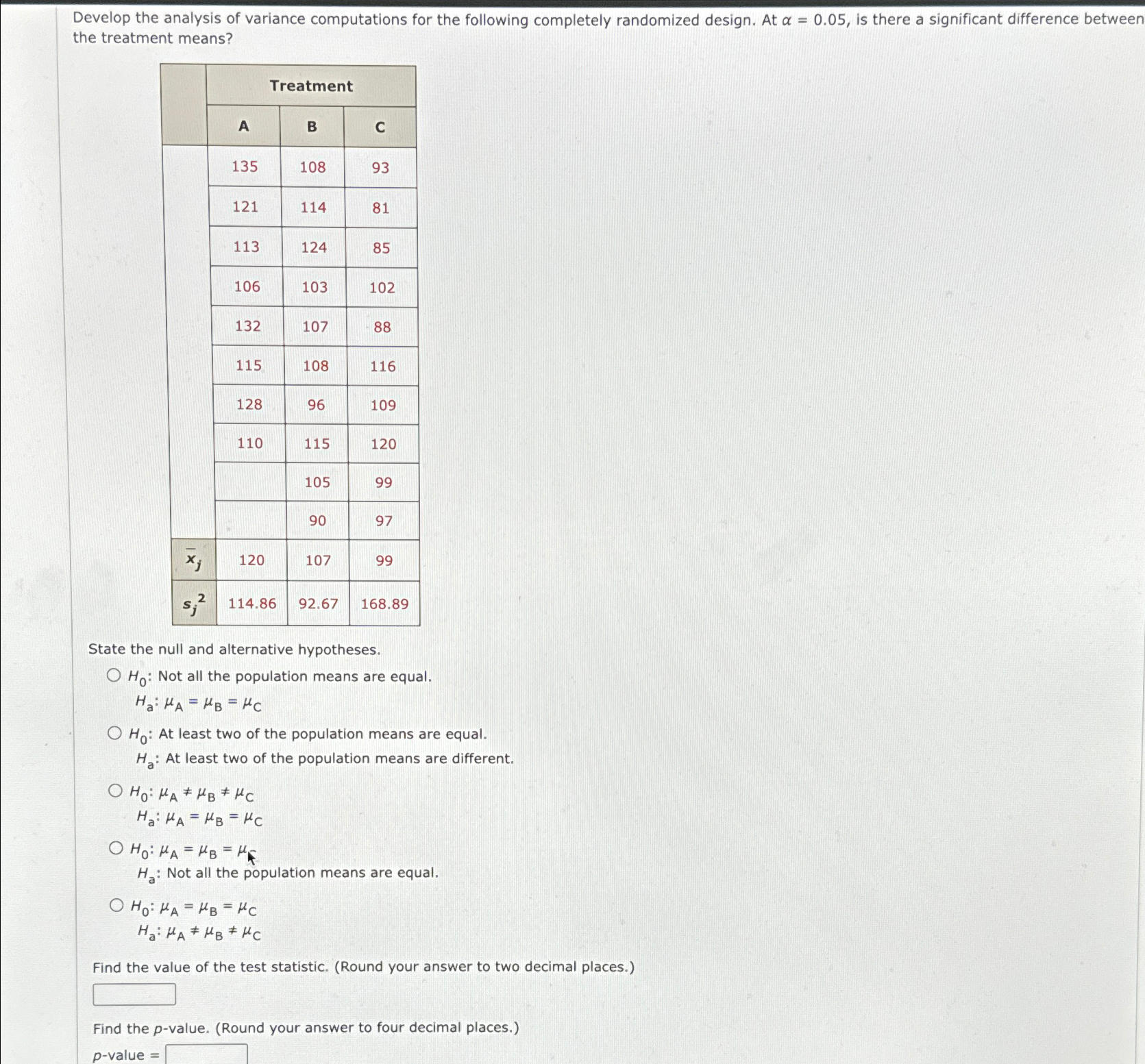 Solved Develop the analysis of variance computations for the | Chegg.com