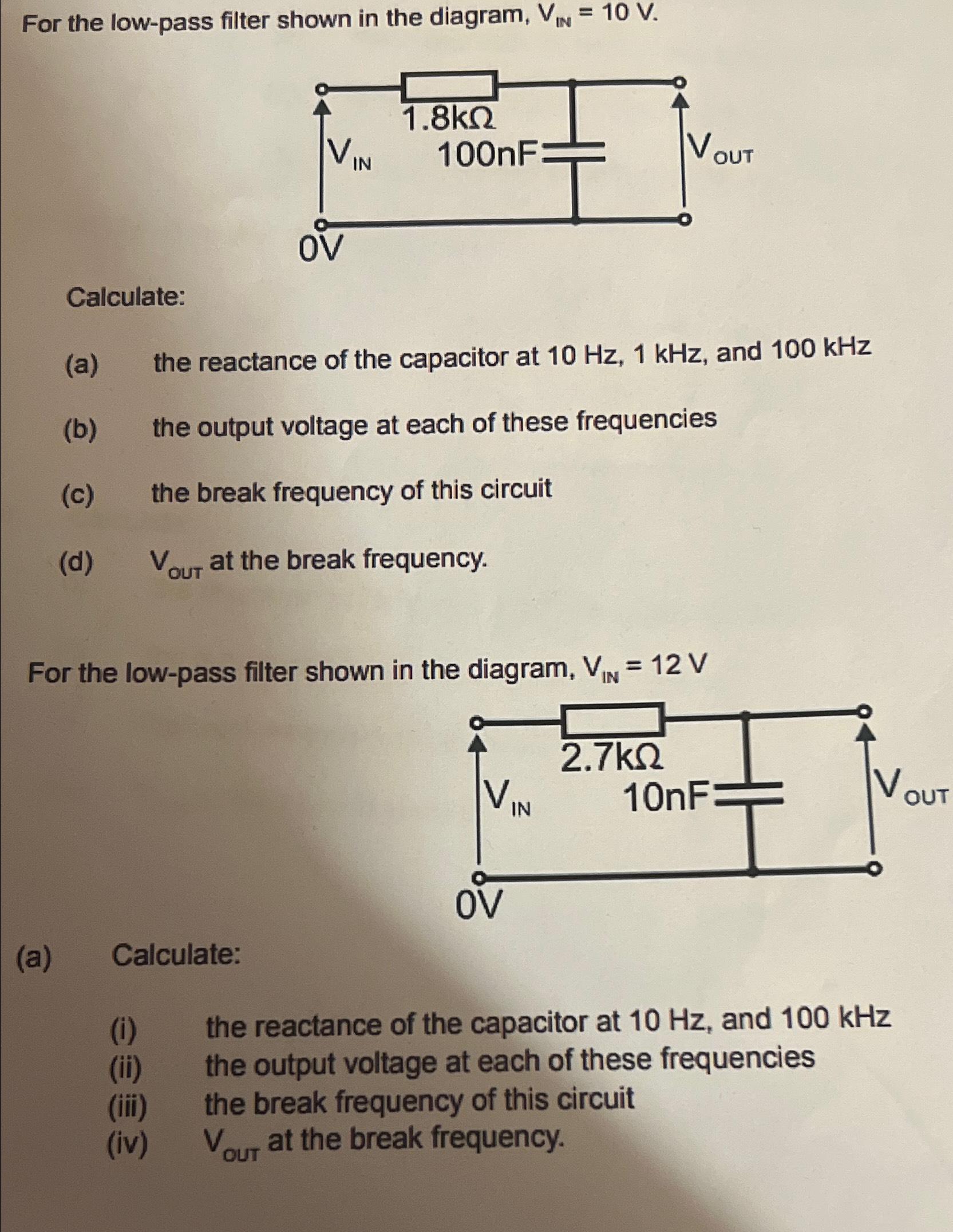 Solved For the low-pass filter shown in the diagram, | Chegg.com