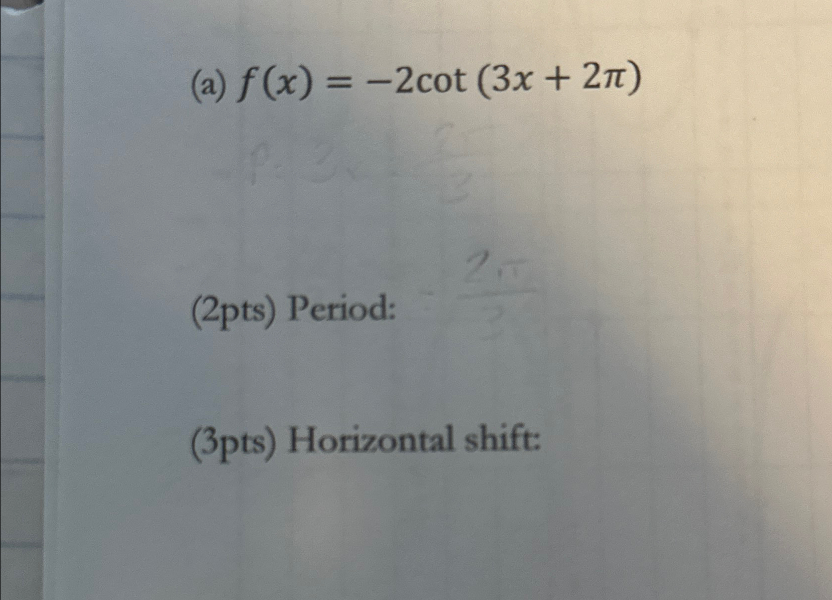 Solved (a) f(x)=-2cot(3x+2π)(2pts) ﻿Period:(3pts) | Chegg.com