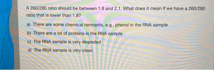 Solved A 260/280 ratio should be between 1.8 and 2.1. What | Chegg.com