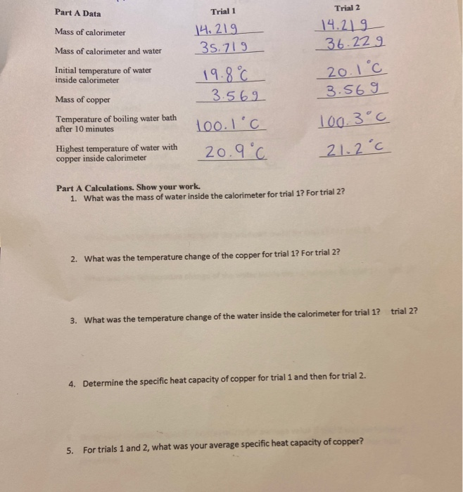 Solved Part A Data Trial 1 Trial 2 14.219 36.229 Mass of | Chegg.com