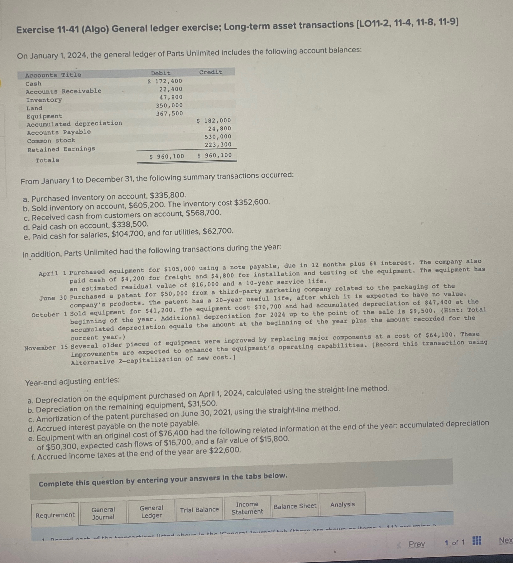 Exercise 11-41 (Algo) ﻿General ledger exercise; | Chegg.com