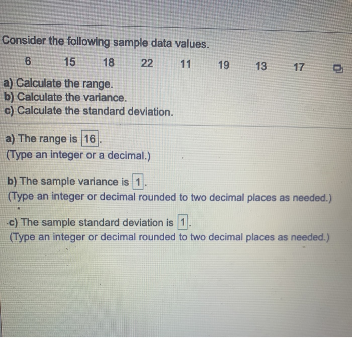 Solved Consider the following sample data values. 6 15 18 22 | Chegg.com