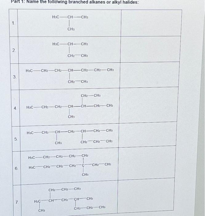 Solved Part 1: Name the following branched alkanes or alkyl | Chegg.com