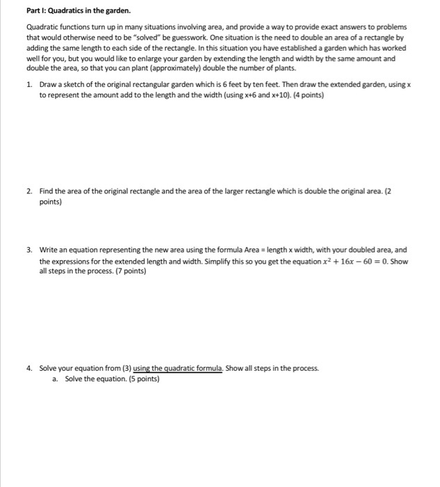Solved Part I: Quadratics in the garden. Quadratic functions | Chegg.com
