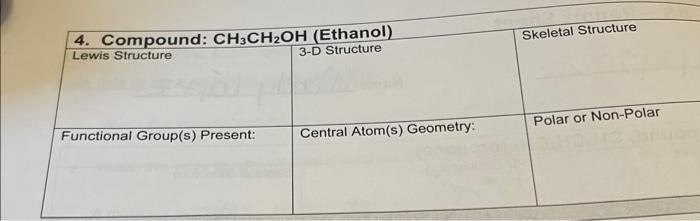 Solved 4. Compound: CH3CH2OH (Ethanol) Skeletal Structure | Chegg.com