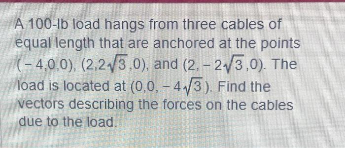 Solved A 100-lb load hangs from three cables of equal length | Chegg.com