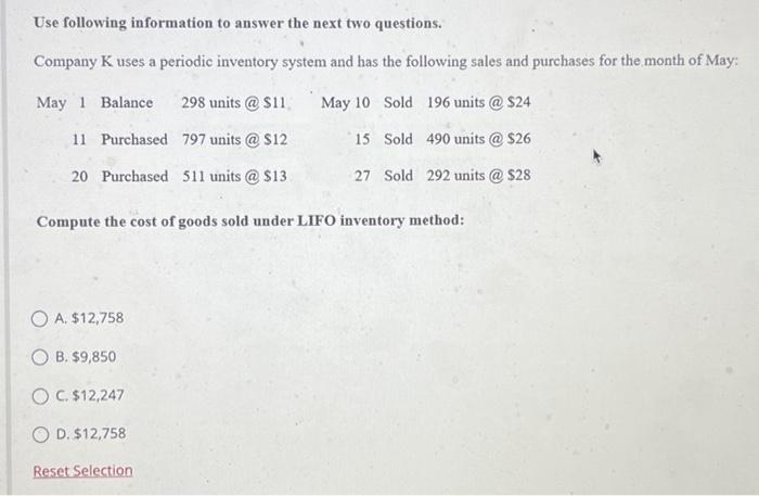 Solved Use following information to answer the next two | Chegg.com