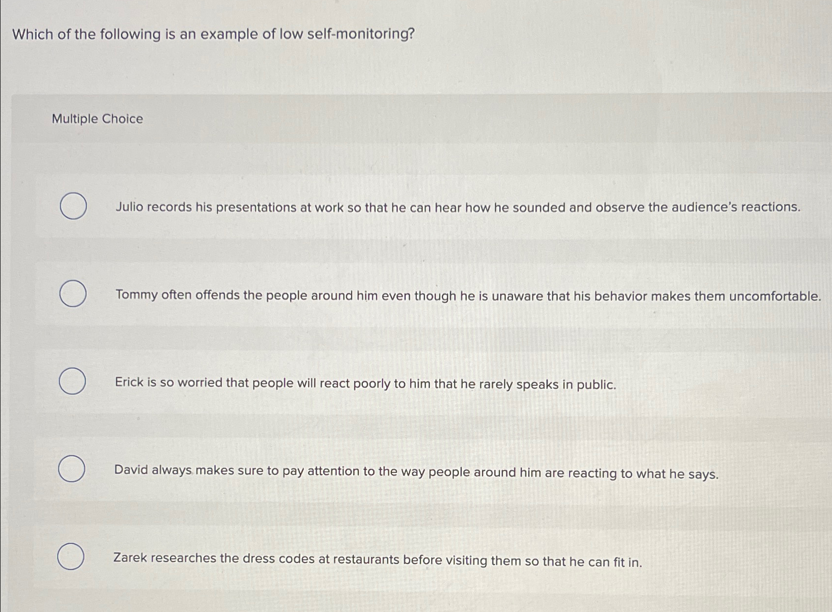 Solved Which of the following is an example of low | Chegg.com