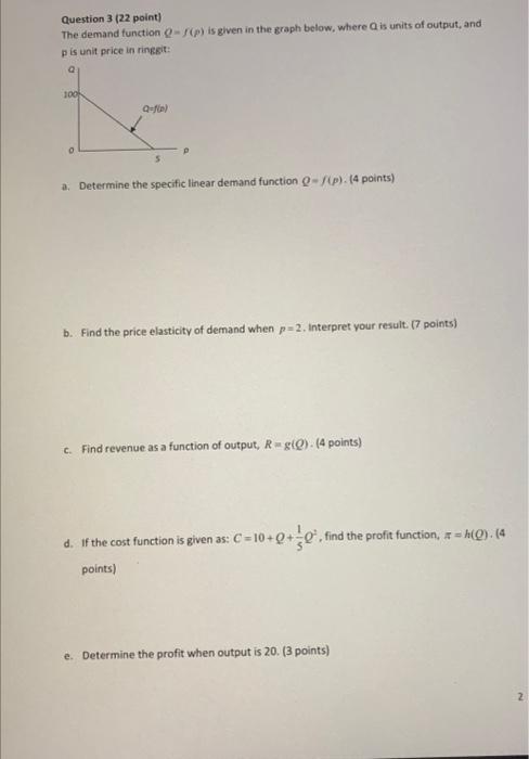 Solved Question 3 (22 point) The demand function Q=f(p) is | Chegg.com