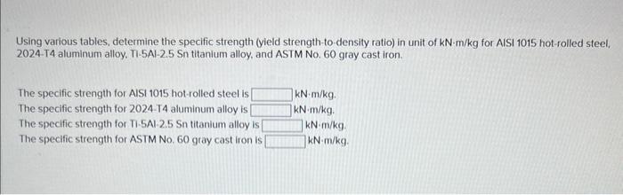 Solved Using various tables, determine the specific strength | Chegg.com