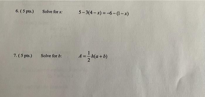 Solved 6. (5 pts.) Solve for x: 5-3(4- x) = -6-(1-x) 7.( 5 | Chegg.com Solved 6. (5 pts.) Solve for x: 5-3(4- x) = -6-(1-x) 7.( 5 | Chegg.com