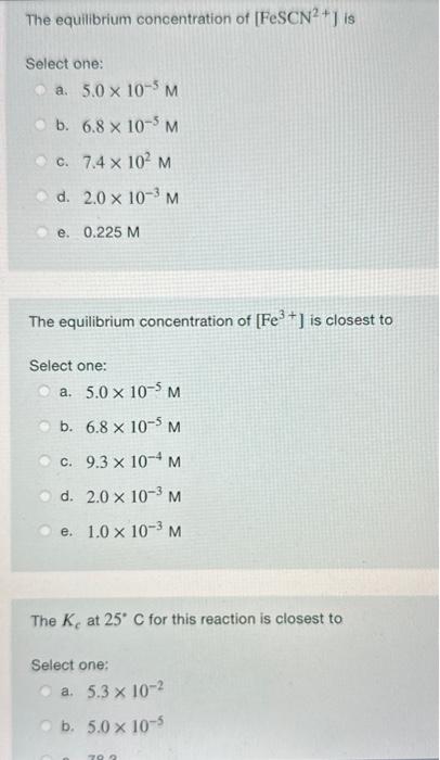 Solved Fe3+(aq)+SCN−(aq)⇌FeSCN2+(aq) The equilibrium | Chegg.com