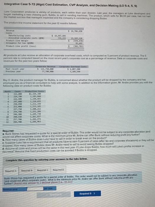 Solved Integrative Case 5-72 (Algo) Cost Estimation, CVP | Chegg.com