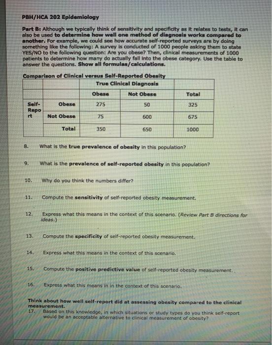 PBH/HCA 202 Epidemiology Sensitivity and Specificity | Chegg.com