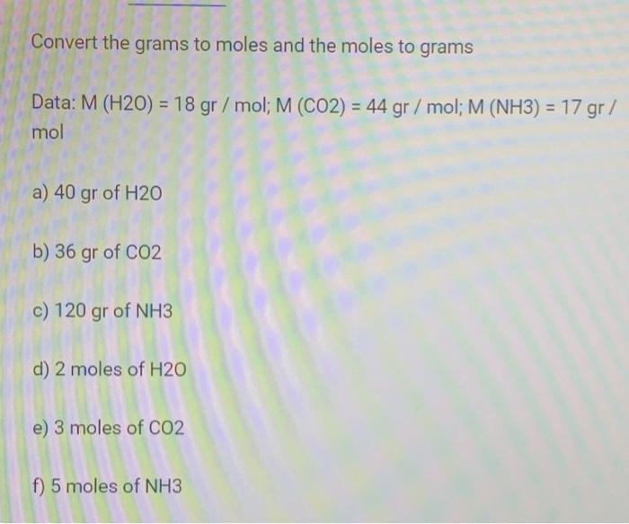 Solved Convert the grams to moles and the moles to grams | Chegg.com