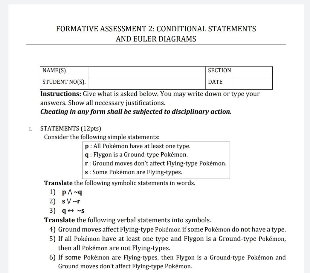 Solved FORMATIVE ASSESSMENT 2: CONDITIONAL STATEMENTS AND | Chegg.com