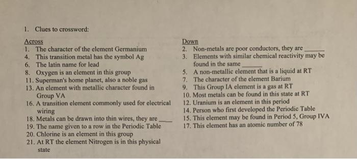 Solved Elements and the Periodic Table 1. Clues for | Chegg.com