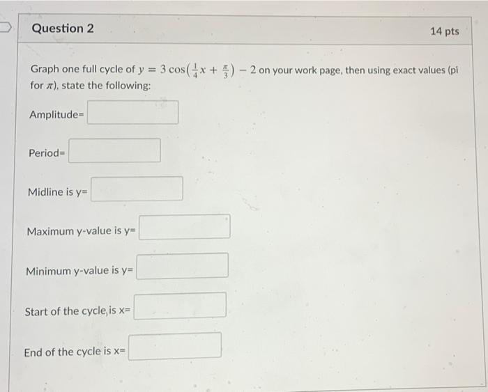 Solved Question 2 14 pts Graph one full cycle of y = 3 cos(x | Chegg.com