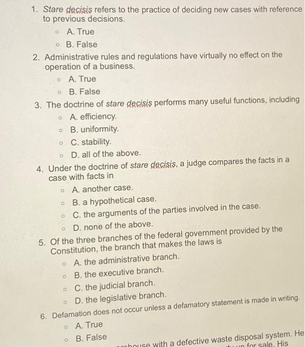 Solved 1. Stare decisis refers to the practice of deciding | Chegg.com