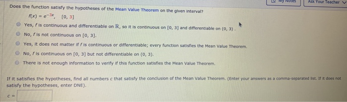 Solved Does the function satisfy the hypotheses of the mean | Chegg.com