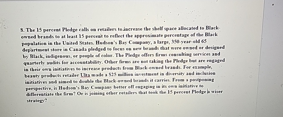 Solved The 15 ﻿percent Pledge calls on retailers to increase | Chegg.com