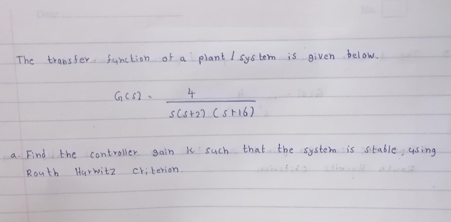Solved The transfer function of a plant I system is given | Chegg.com