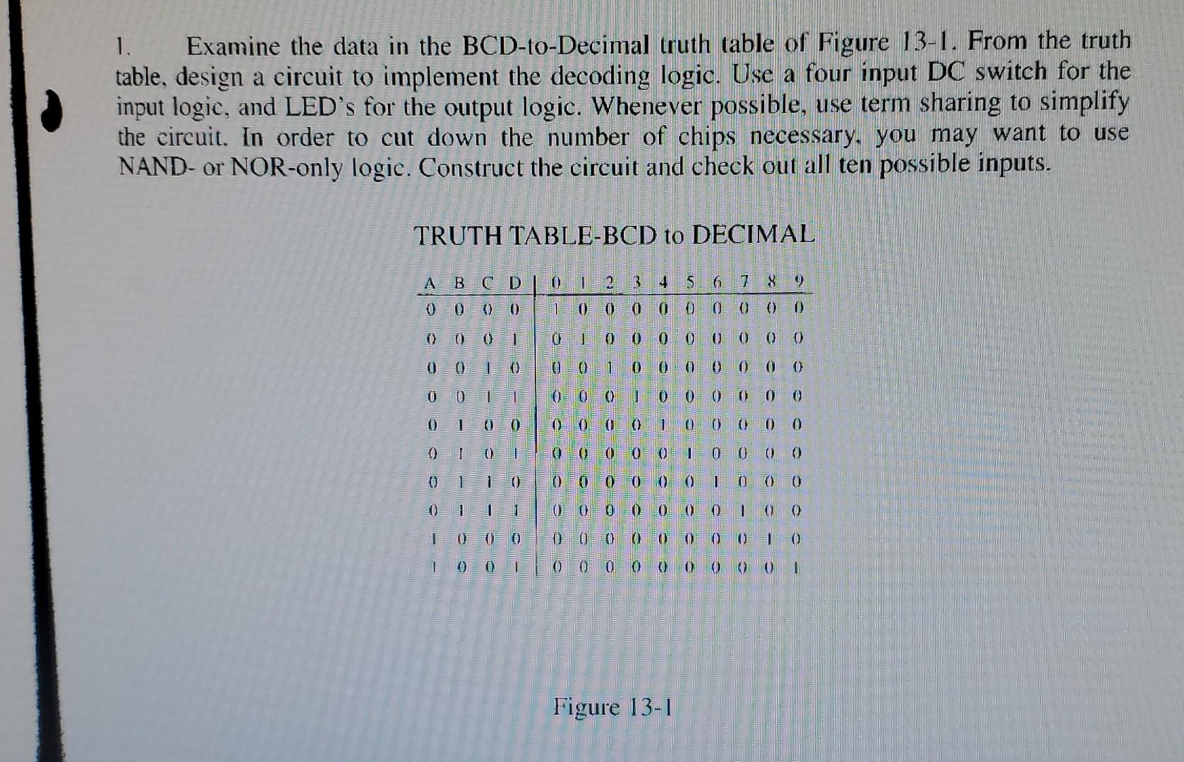 Solved 1. Examine the data in the BCD-to-Decimal truth table | Chegg.com